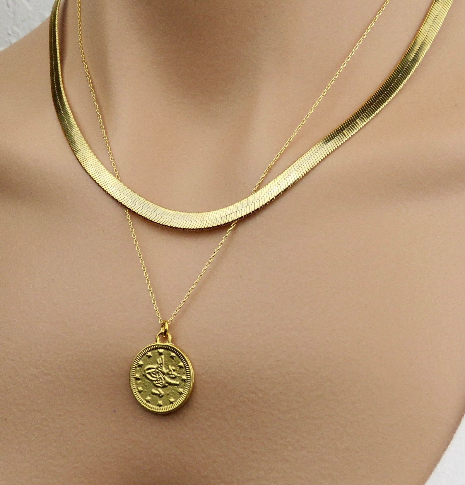 Thick Gold Herringbone Chain/ Turkish Coin Necklace Set / Gold Coin ...