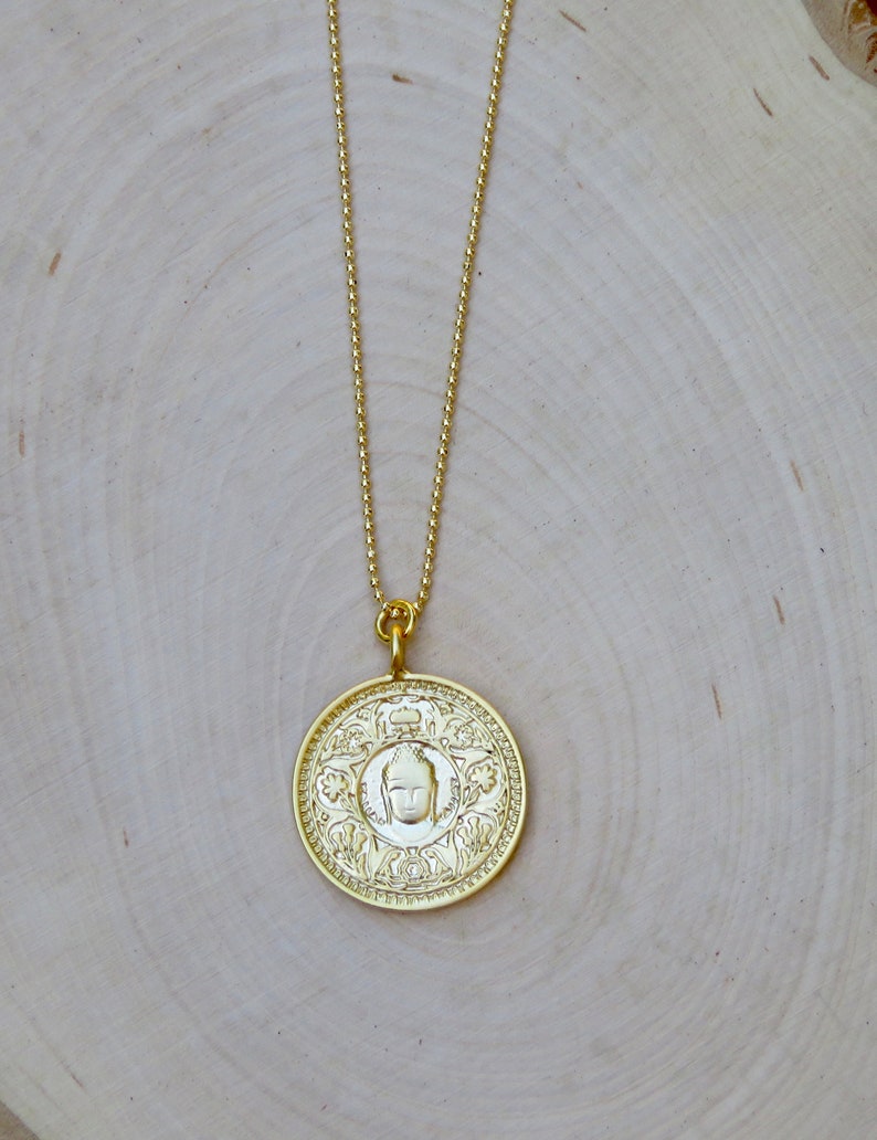 Gold Buddha Medallion Necklace, Gold Coin Necklace, Buddhist Jewelry ...