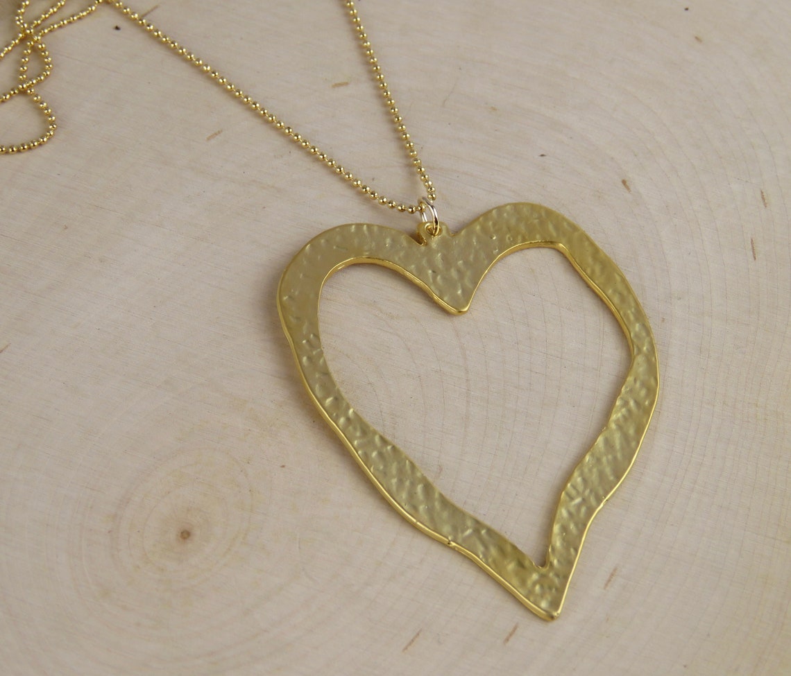 Large Gold Heart Necklace / Heart Layering Necklace /hammered Gold ...