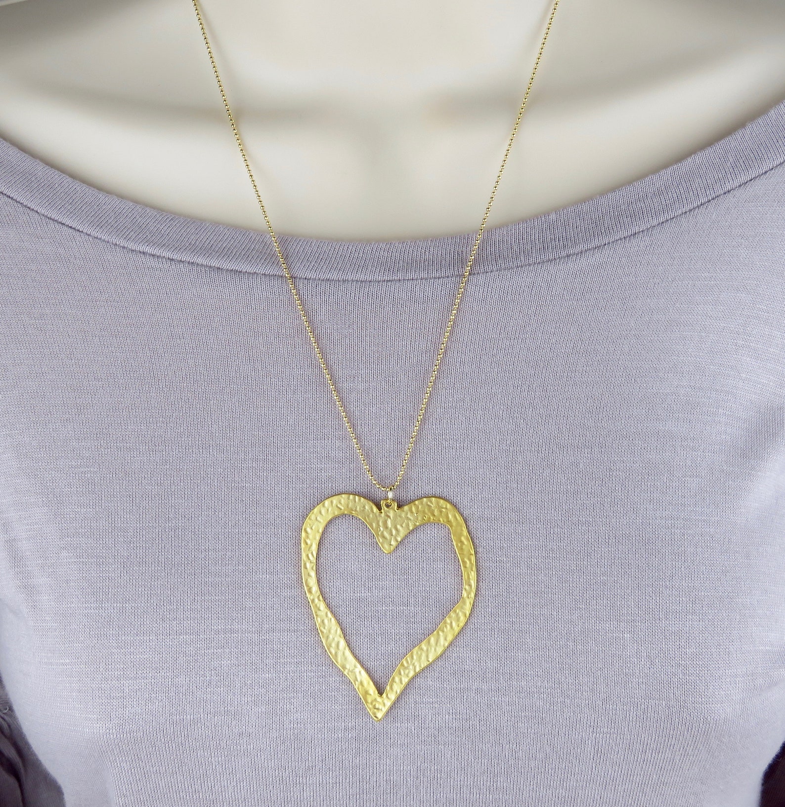Large Gold Heart Necklace / Heart Layering Necklace /hammered Gold ...