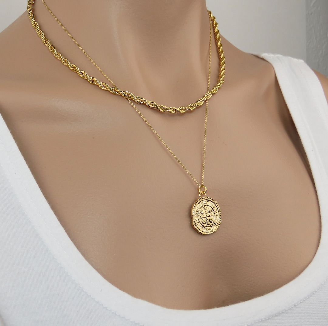 Gold Thick Rope Chain / Greek Coin 2 Necklace Set / Greek Cross ...