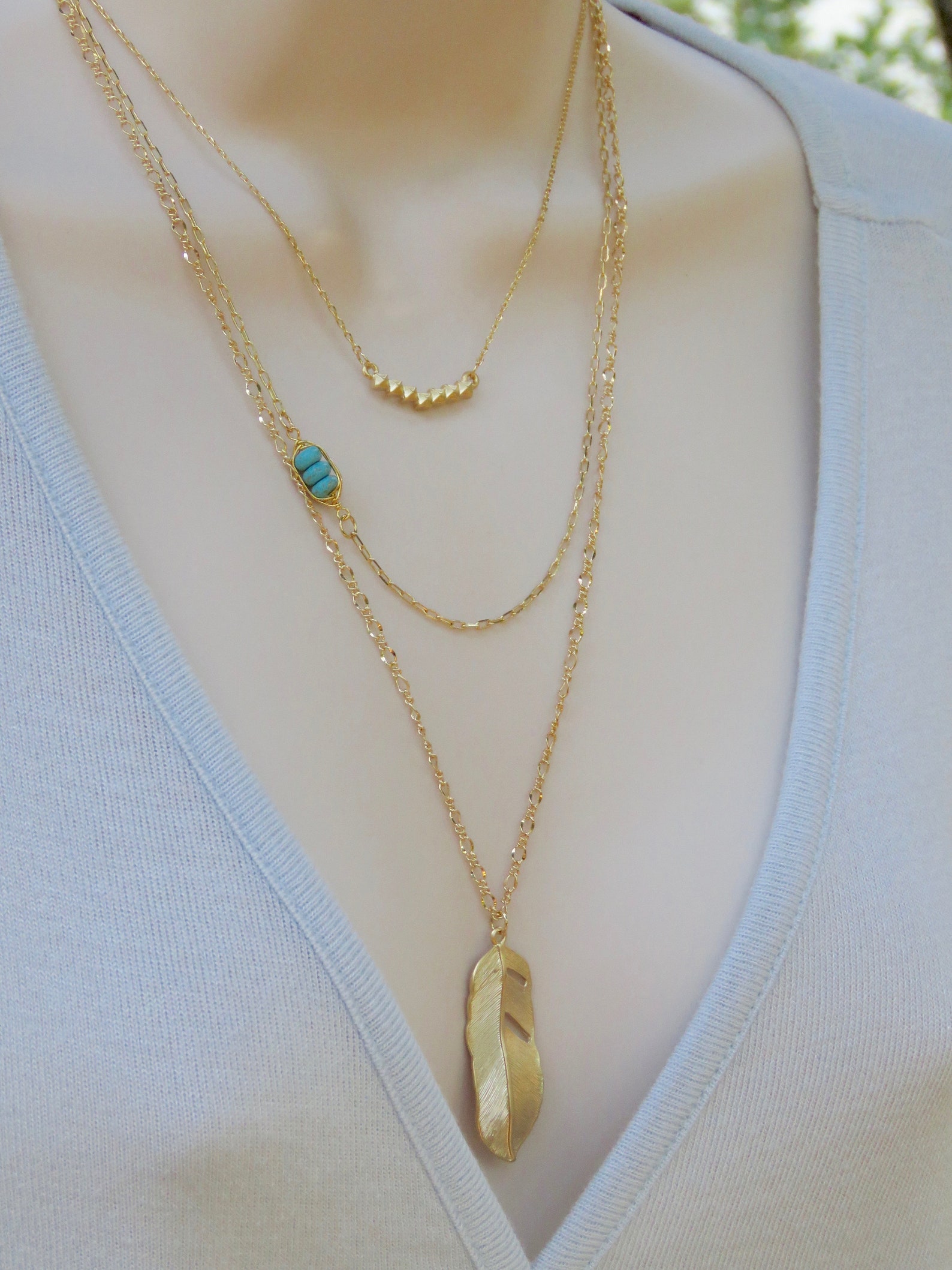 Gold Feather Turquoise Layered Necklace Set, 14k Gold Filled Pendants ...