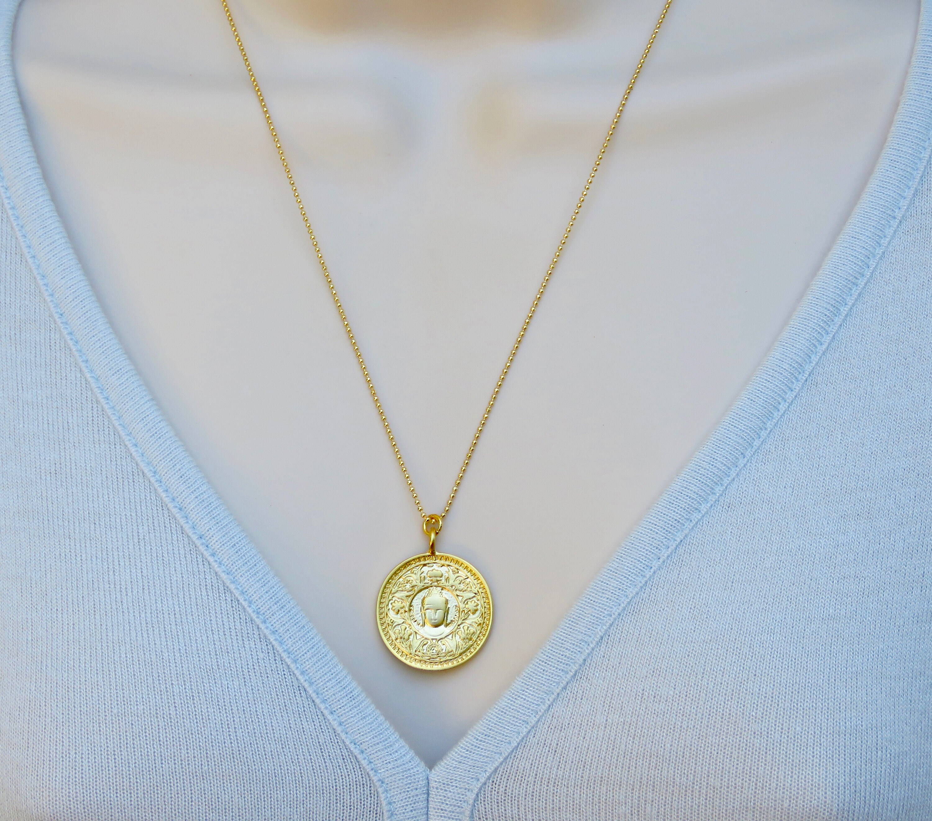 Gold Buddha Medallion Necklace, Gold Coin Necklace, Buddhist Jewelry ...