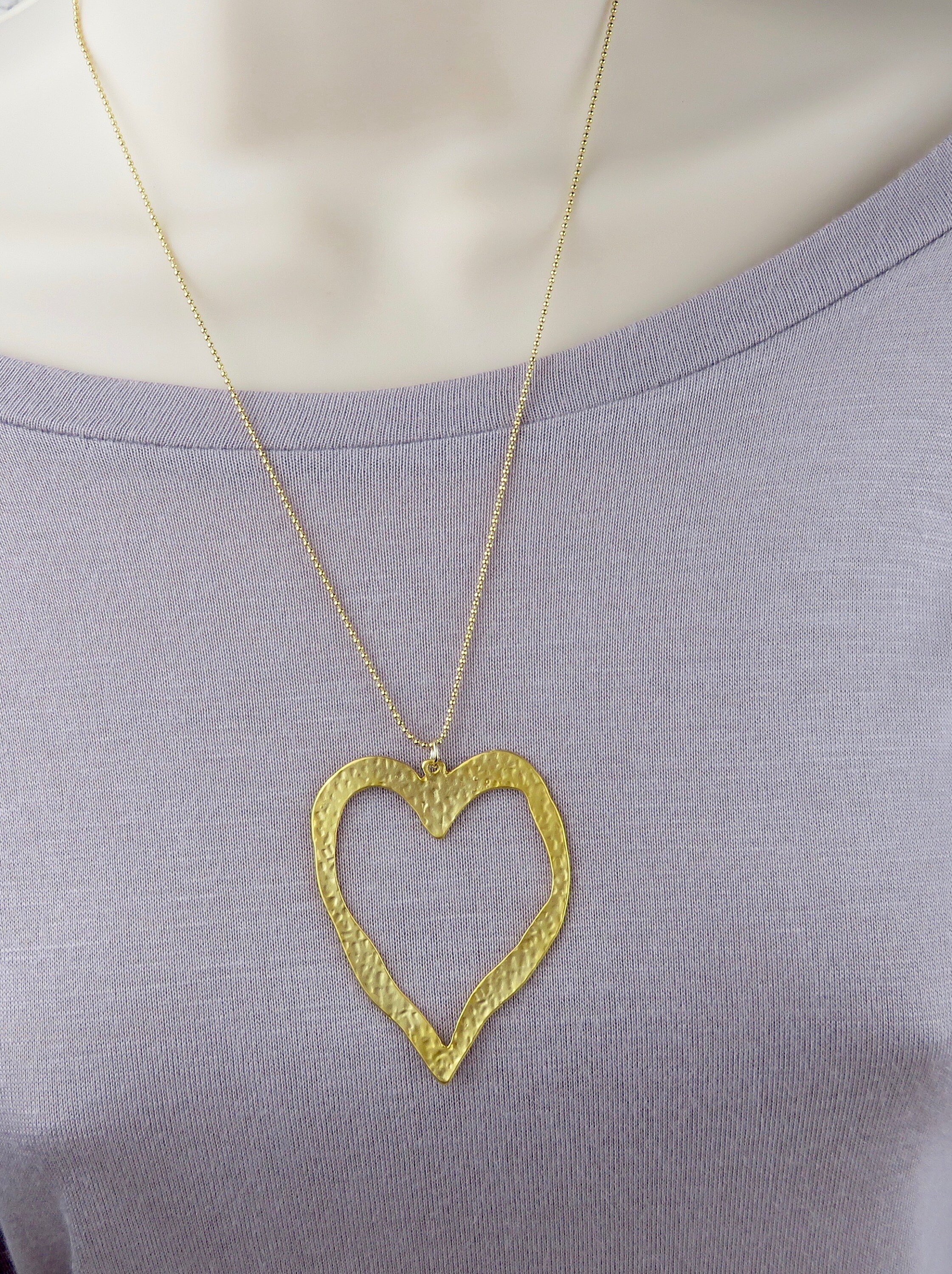 Large Gold Heart Necklace / Heart Layering Necklace /hammered Gold ...