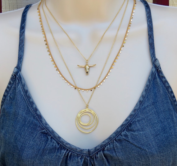 Western Cowgirl Layered Necklace Set 14k Gold Filled Gold Necklaces Necklace Set of 3 Country Layering Lariat Boho Layer Gift For Her