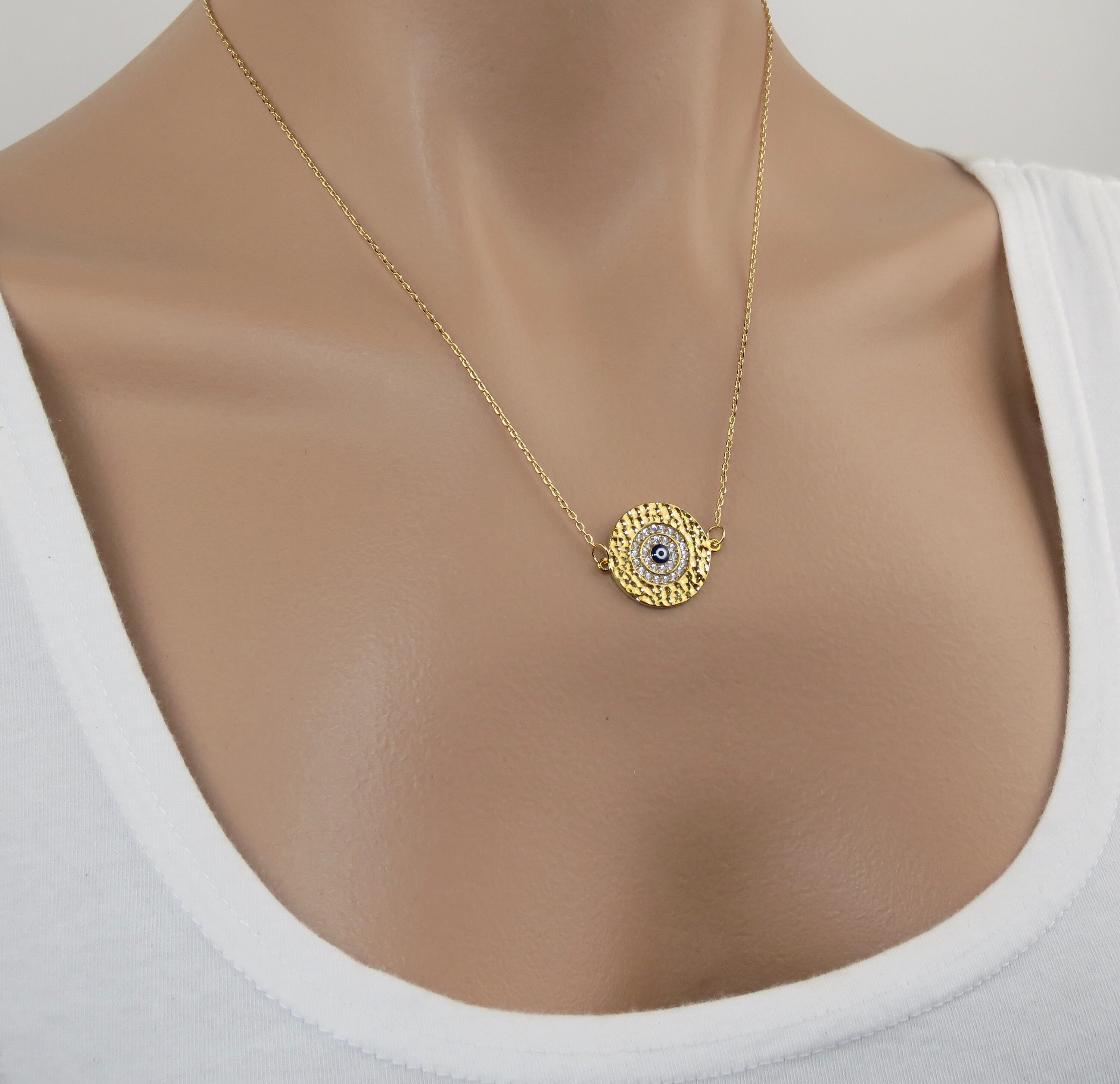Round Evil Eye Necklace, Greek Gold Jewelry, 14k Gold Filled ...