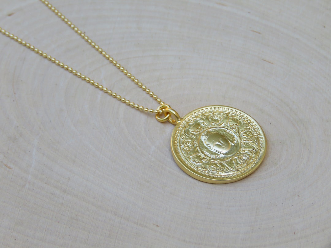 Gold Buddha Medallion Necklace, Gold Coin Necklace, Buddhist Jewelry ...