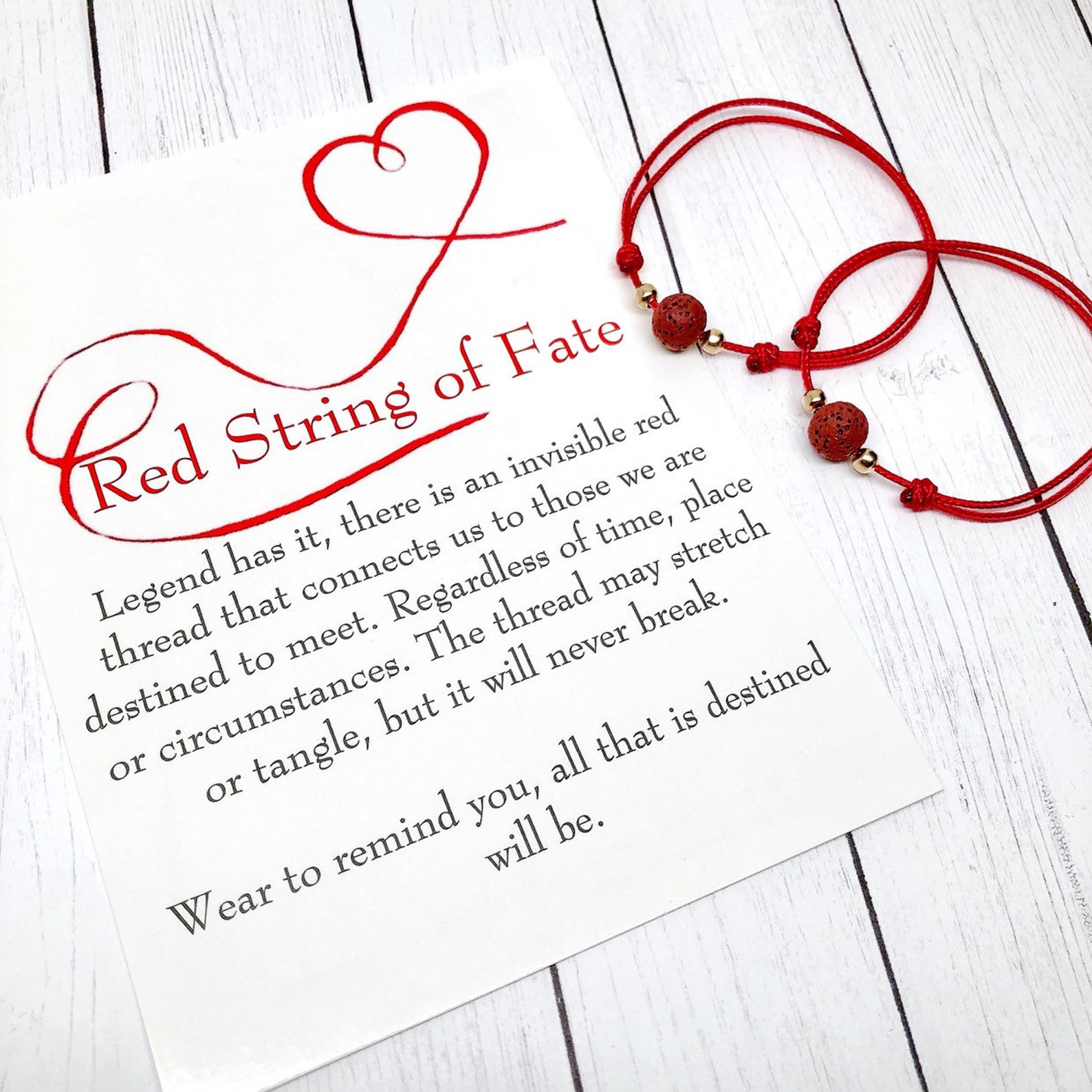 Red String of Fate Lava Bead Couple Bracelet Set With Card / Kabbalah ...