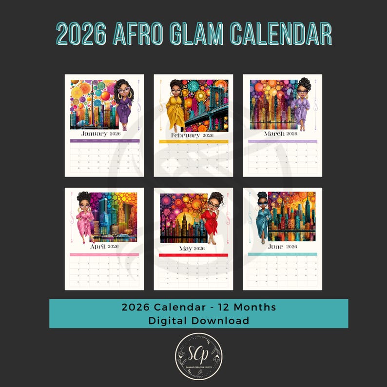 Afro Glam 2026 Calendar Printable – Black Woman Art, Vision Board Bonus ...