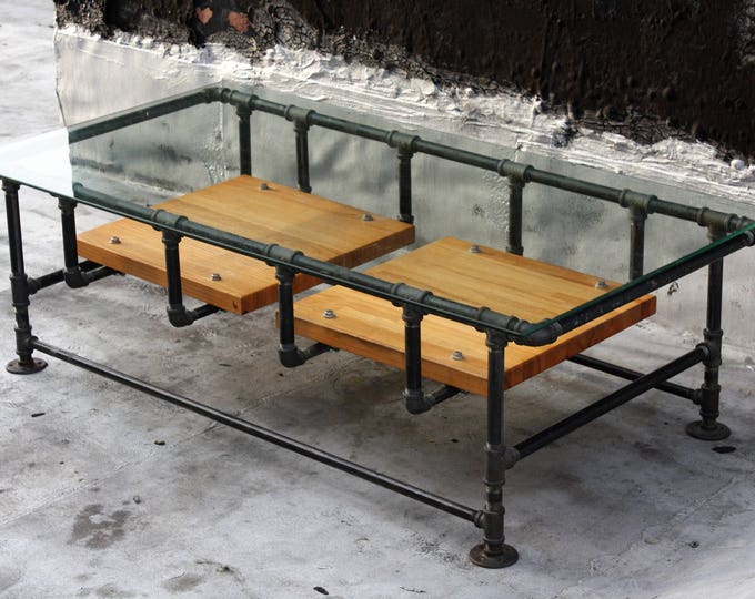 Industrial Iron Pipe Coffee Table W. Glass Top and Reclaimed Wood ...