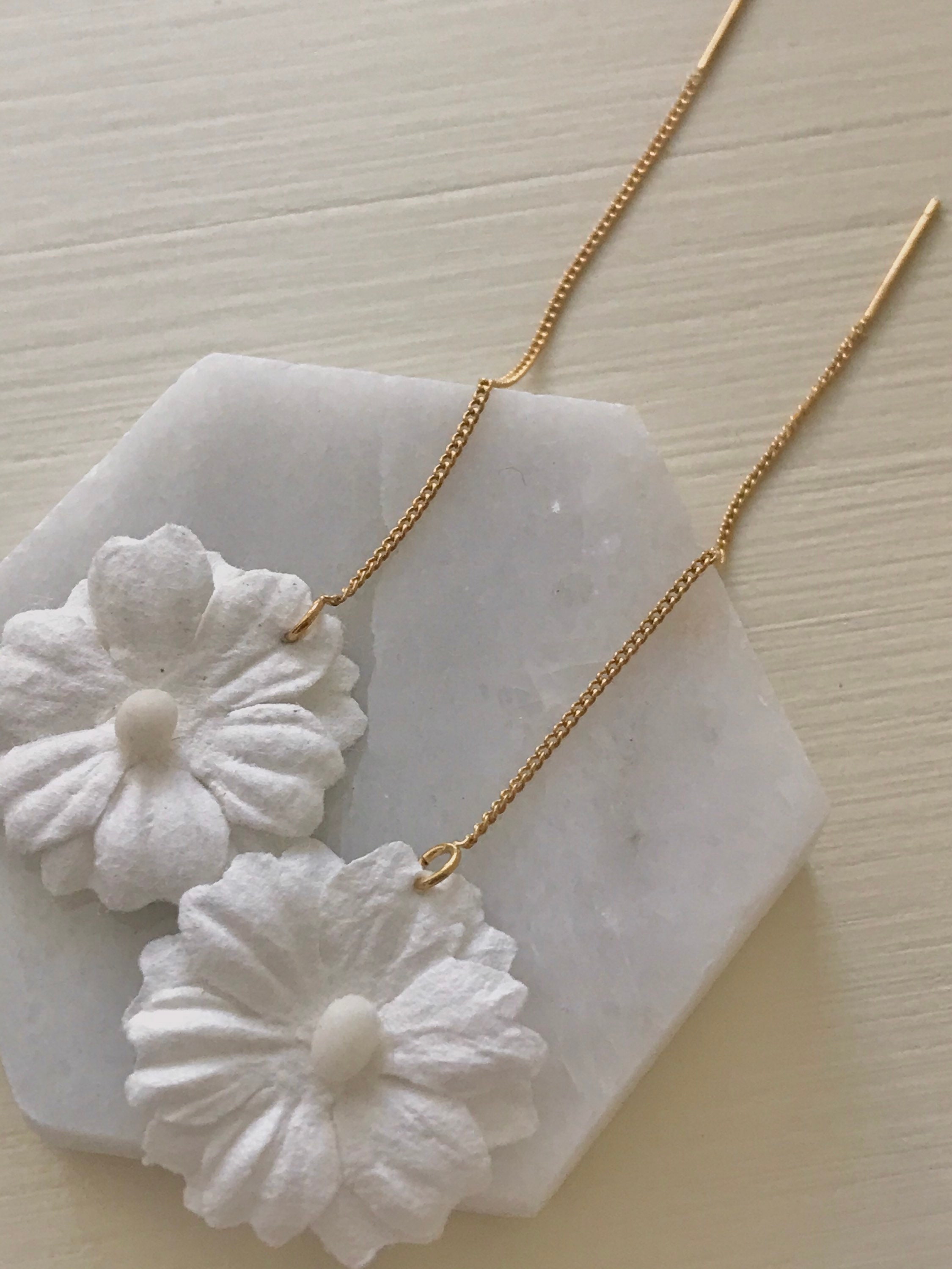 Threader White Paper Flower Chain Long Dainty 24K Gold Plated Earrings ...