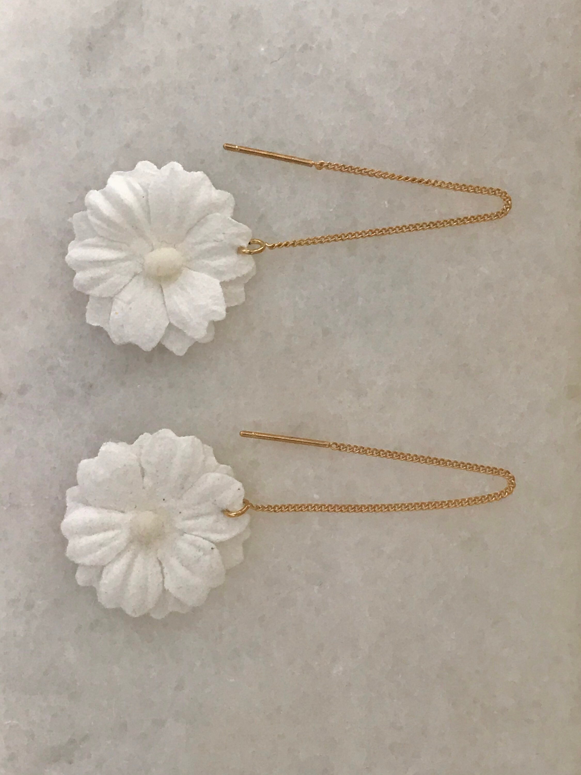 Threader White Paper Flower Chain Long Dainty 24K Gold Plated Earrings ...