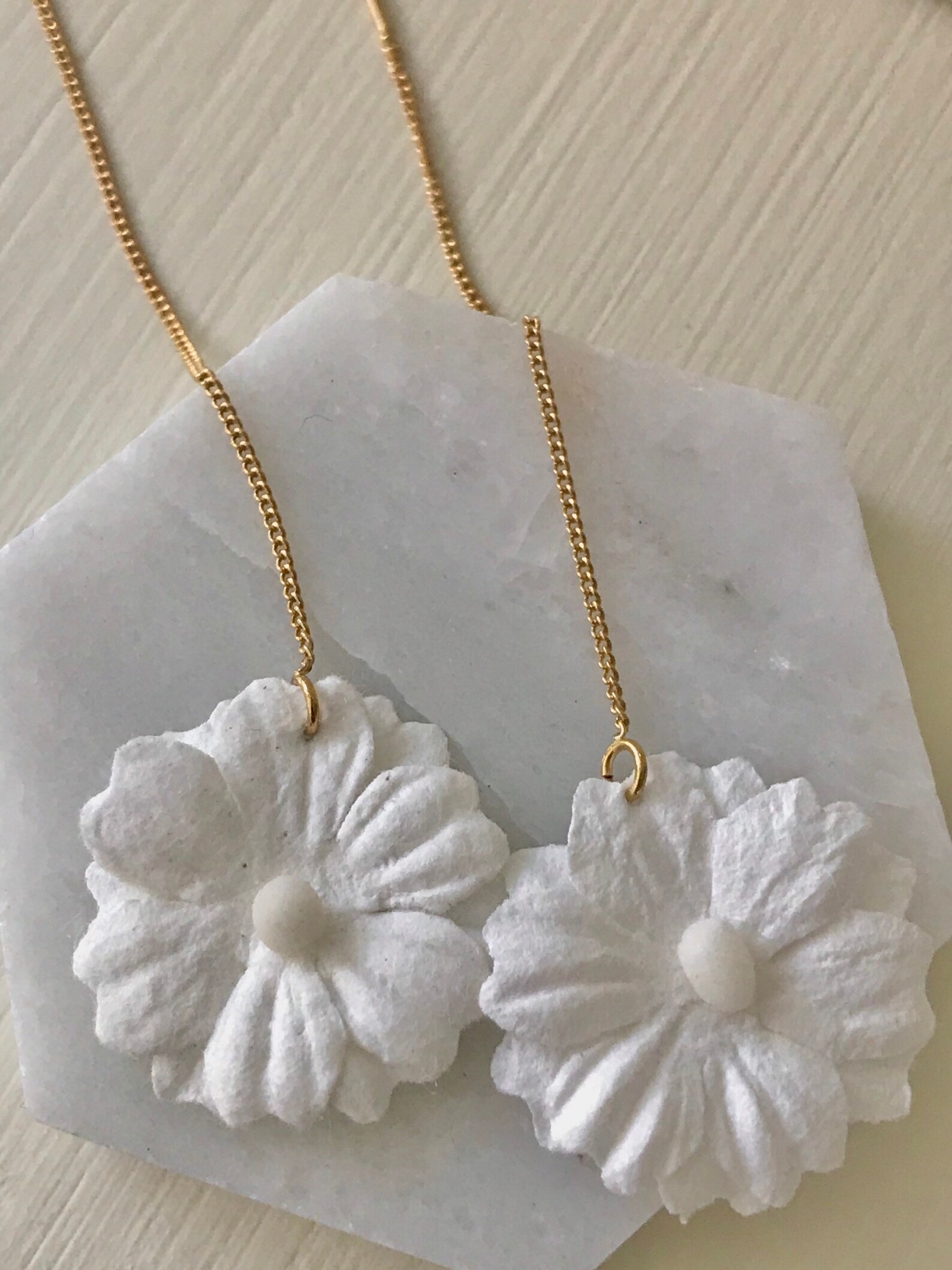 Threader White Paper Flower Chain Long Dainty 24K Gold Plated Earrings ...