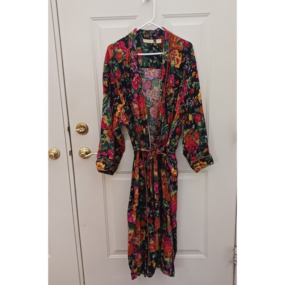 Vintage Victoria's Secret Black Floral Rayon Long Robe Size L Gold ...