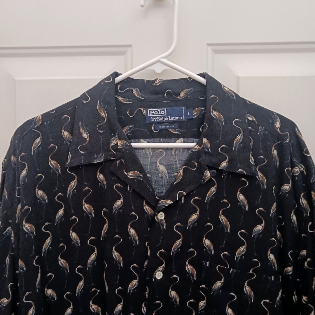 VTG 90's Ralph Lauren Polo Hawaiian Shirt Large Black Aloha Flamingo ...