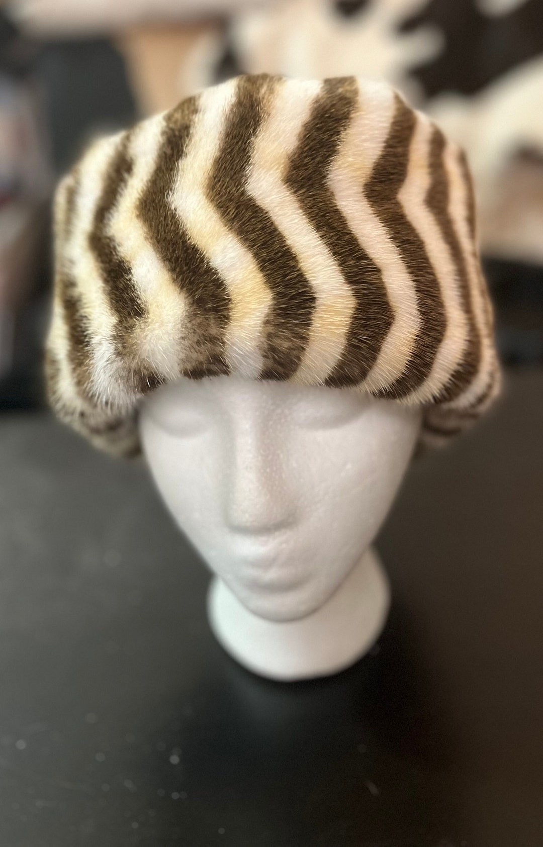 Striped Mink Fur Headband Adjustable Closure Size S or L Padded Silk ...