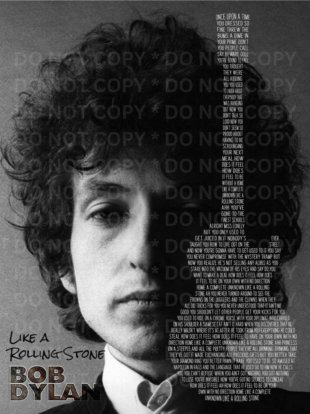 Like a Rolling Stone Lyrics Print JPG, PNG, PDF, Bob Dylan Music Poster ...