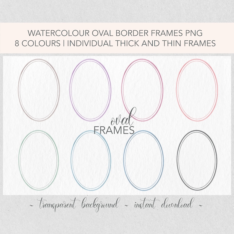 Watercolor Oval Border Frames: Thick & Thin PNG Sets (digital Download ...