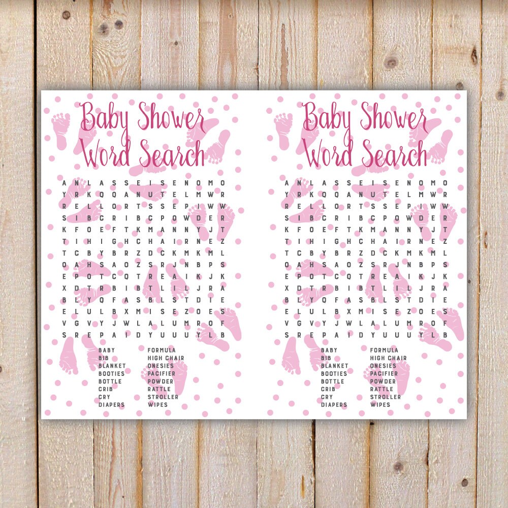 Baby Shower Word Search Game - Pink Baby Feet and Polka Dots INSTANT ...