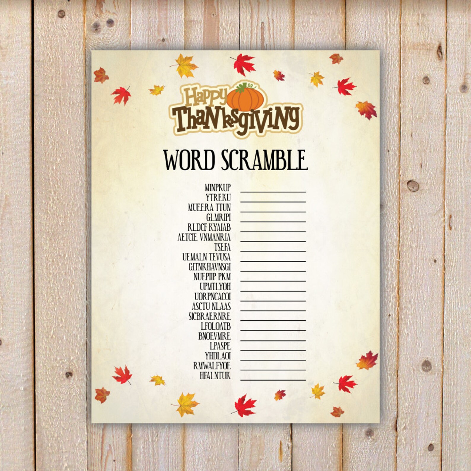 Thanksgiving Word Scramble Party Game With Autumn Leaves Kids and ...