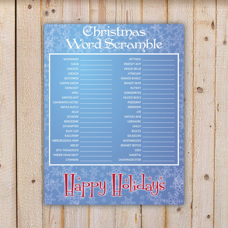 Christmas Word Scramble Party Game With Snowflake Background Kids and ...