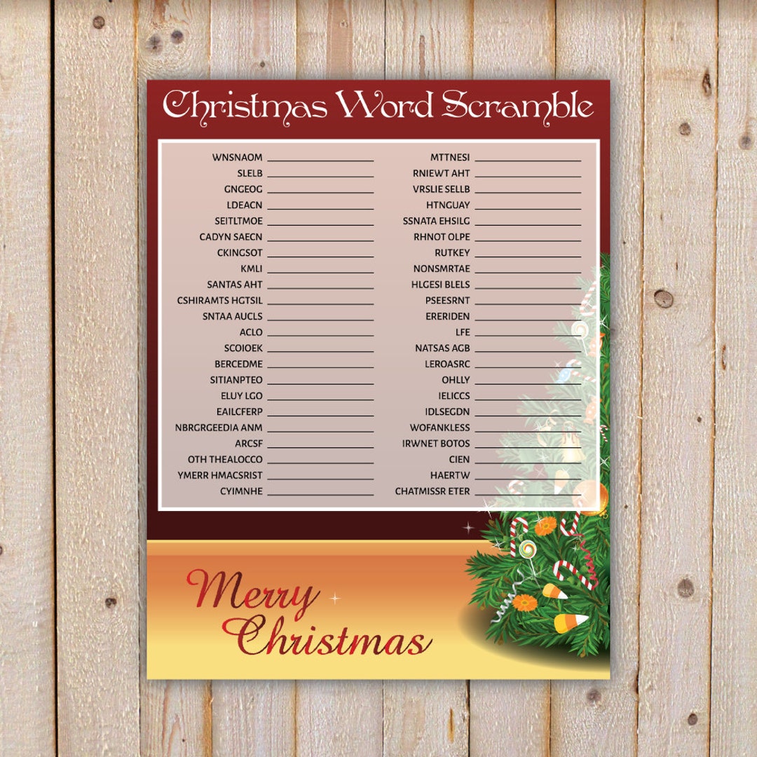 Christmas Word Scramble Party Game - With Christmas Tree Background ...