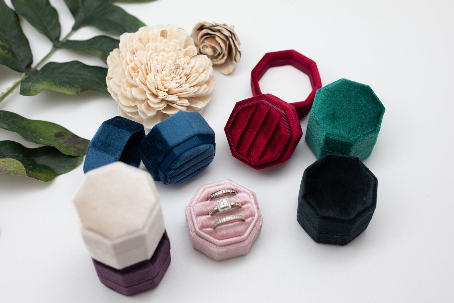 7 Colors Luxury Handmade Keepsake Octagon Shape Velvet 3 Slots Ring Box ...