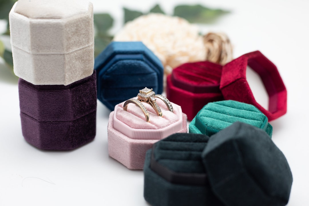 7 Colors Luxury Handmade Keepsake Octagon Shape Velvet 3 Slots Ring Box ...