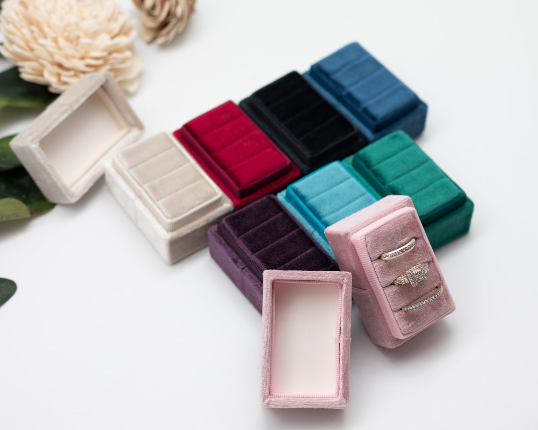 8 Colors Luxury Handmade Keepsake Rectangle Shape Velvet 3 Slots Ring ...