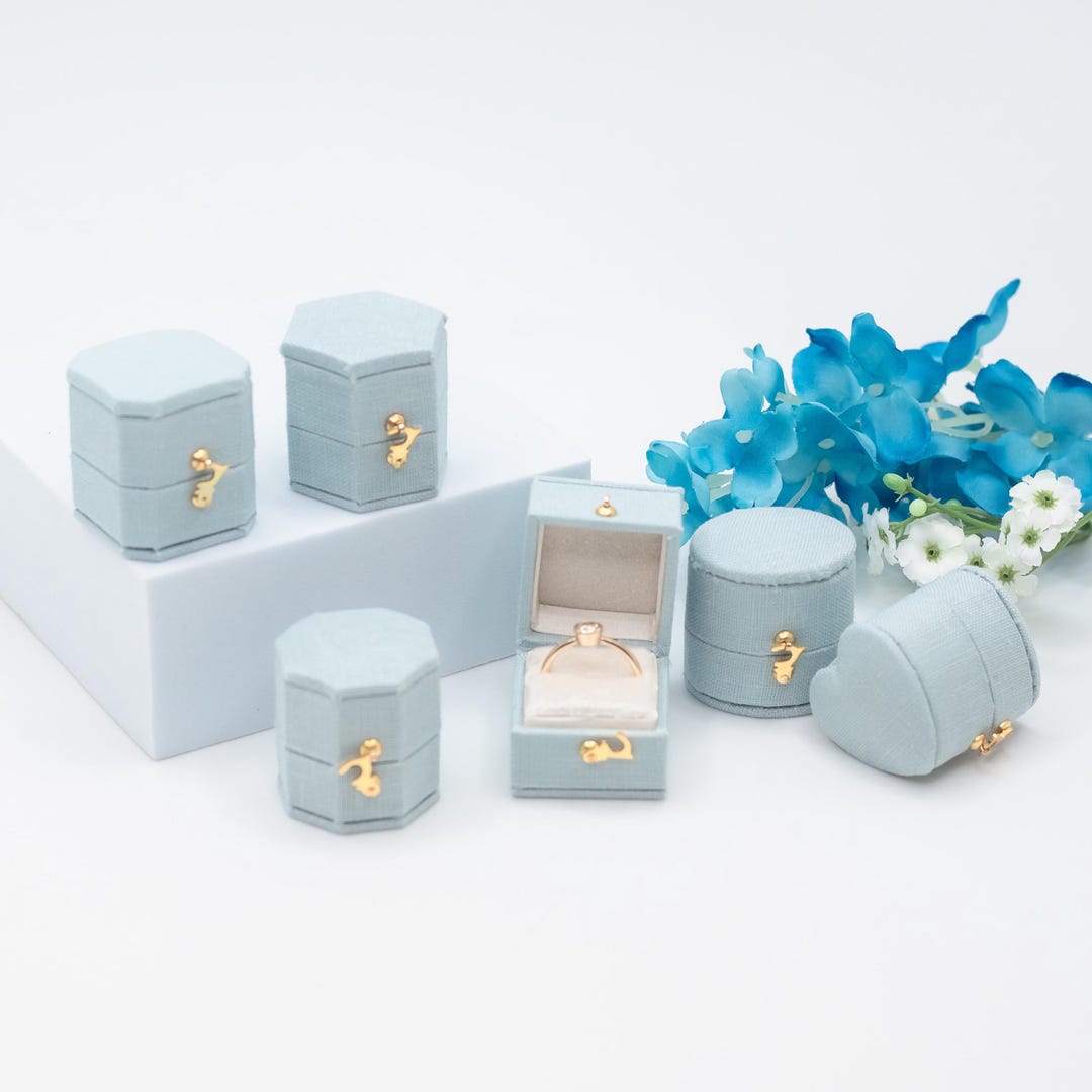 Baby Blue Beige Georgian Antique Style Jewelry Ring Box Linen Velvet ...