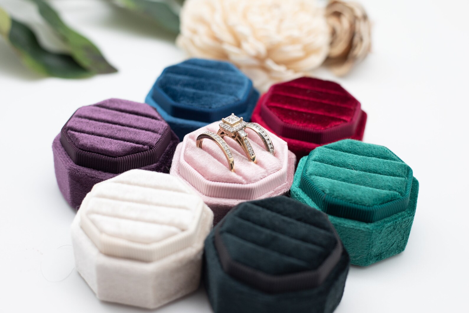 7 Colors Luxury Handmade Keepsake Octagon Shape Velvet 3 Slots Ring Box ...