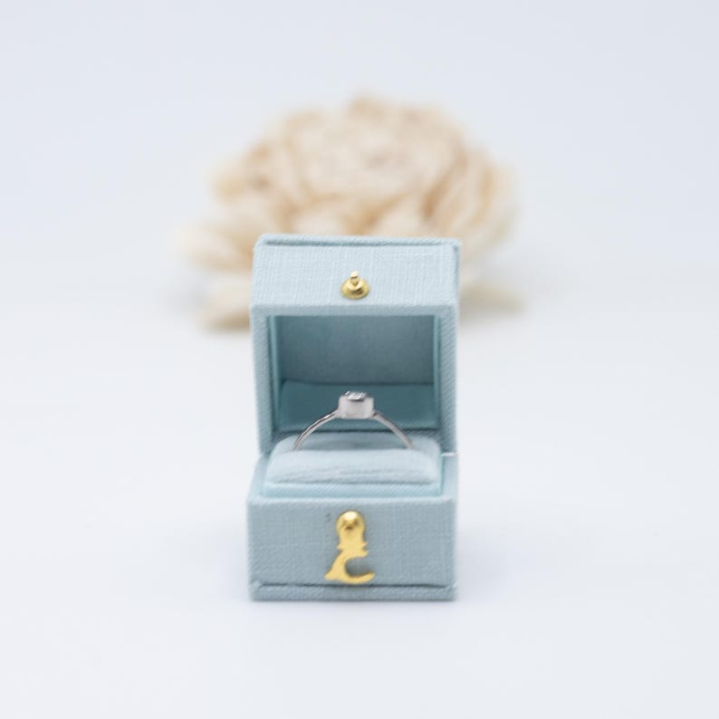 Baby Blue, Georgian Vintage Square Jewelry Ring Box, Linen & Velvet ...