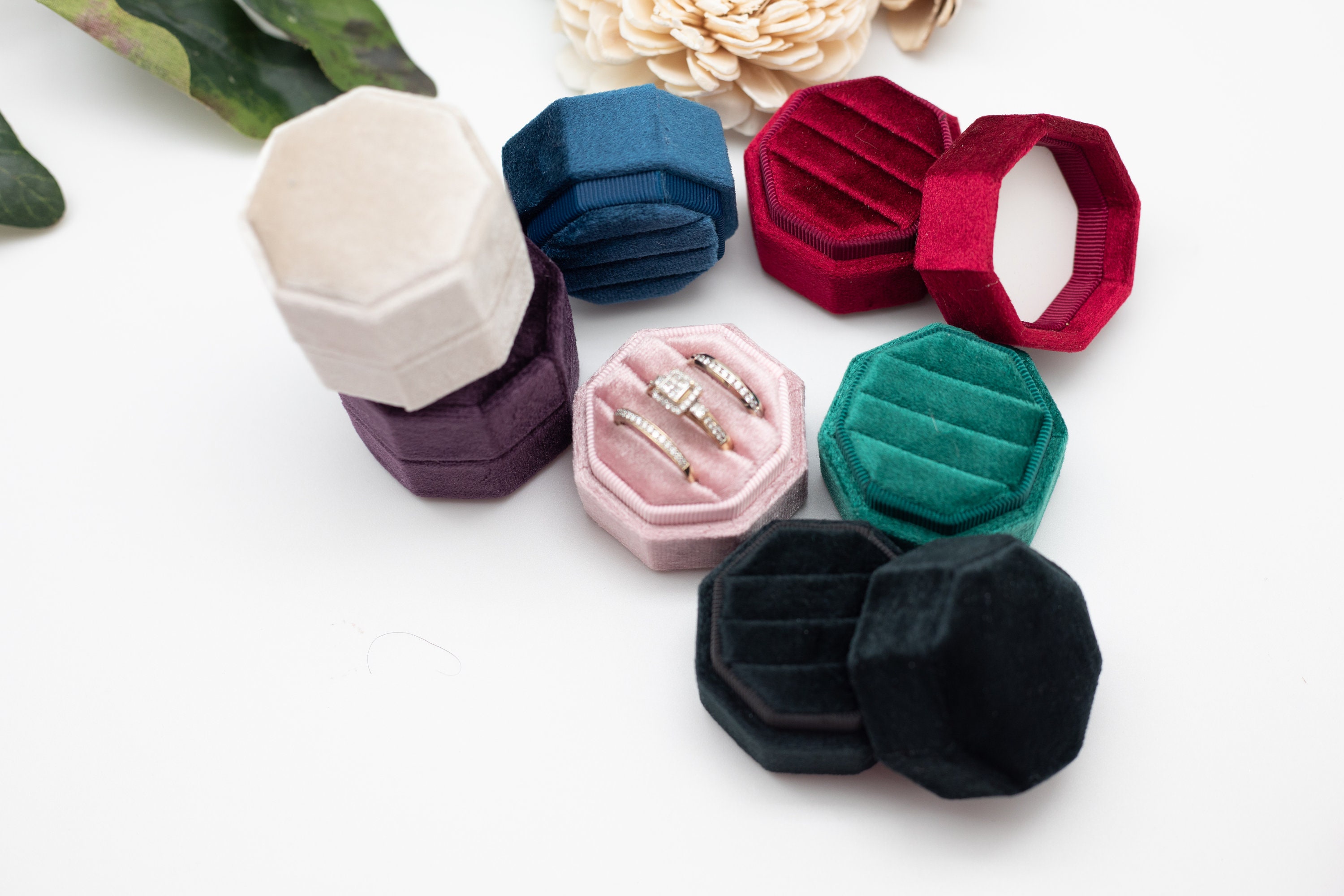 7 Colors Luxury Handmade Keepsake Octagon Shape Velvet 3 Slots Ring Box ...