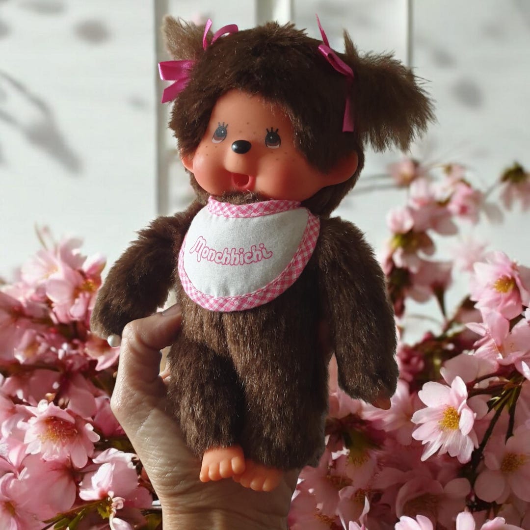Monchhichi Plush Monkey Girl With Pink Ribbons and Pink Bib Monchichi ...