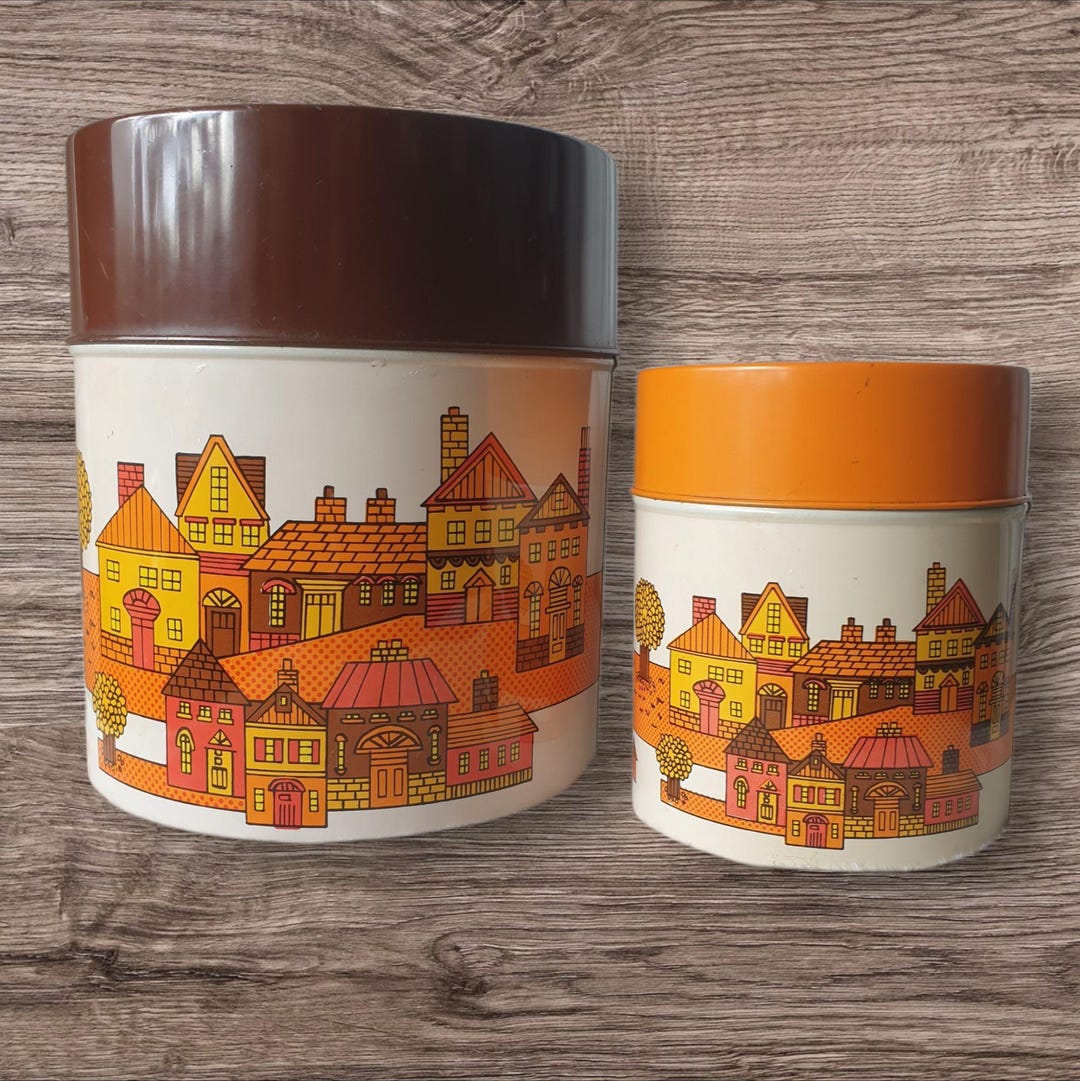 Vintage Tin Japanese Containers With Orange and Brown Houses and Brown ...