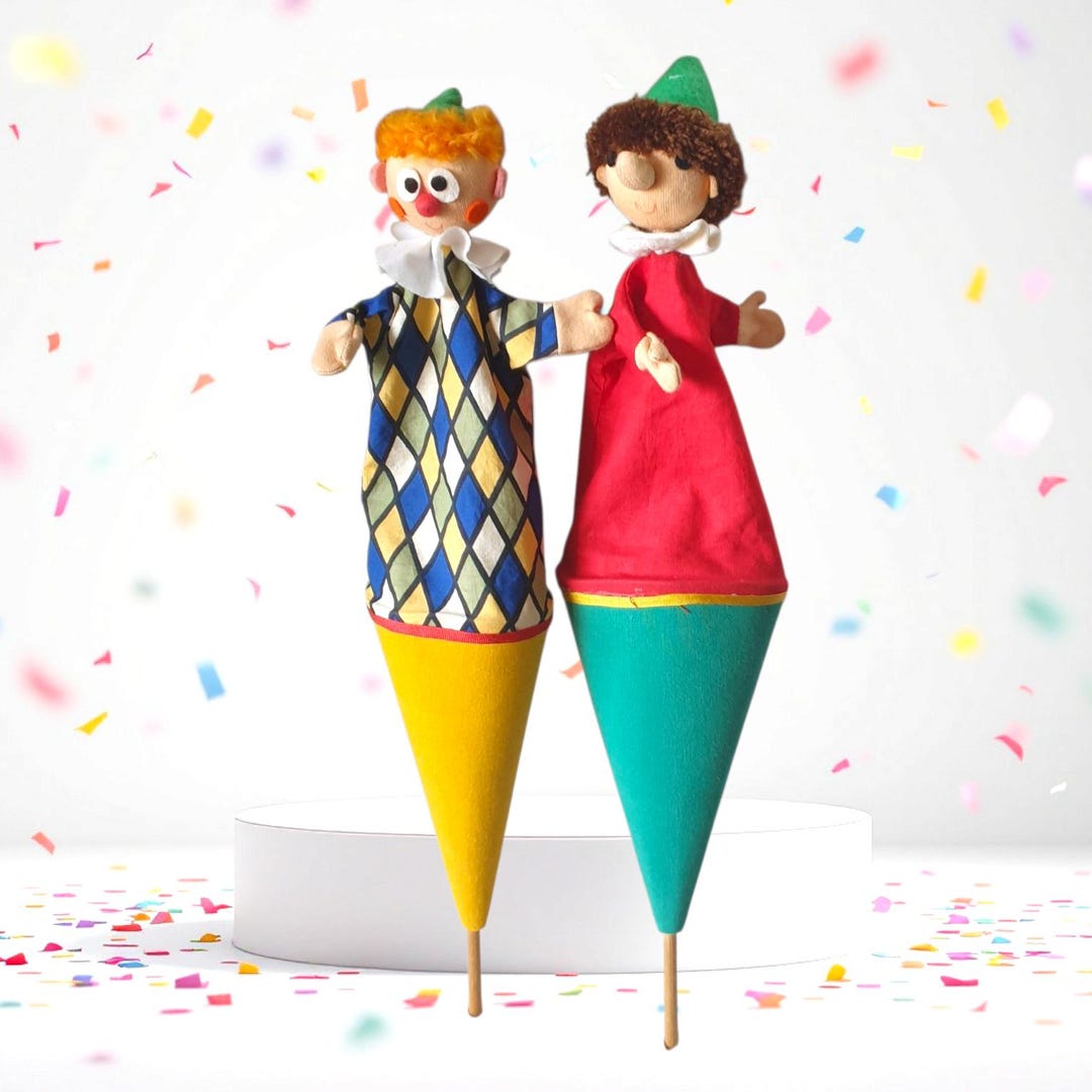 Set With Two Pop up Peekaboo Dolls Clown in Cone on Stick Puppet Show ...