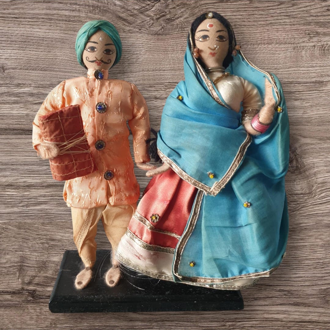 Vintage Fabric Indian Dolls Couple Man and Woman on Wooden Base ...