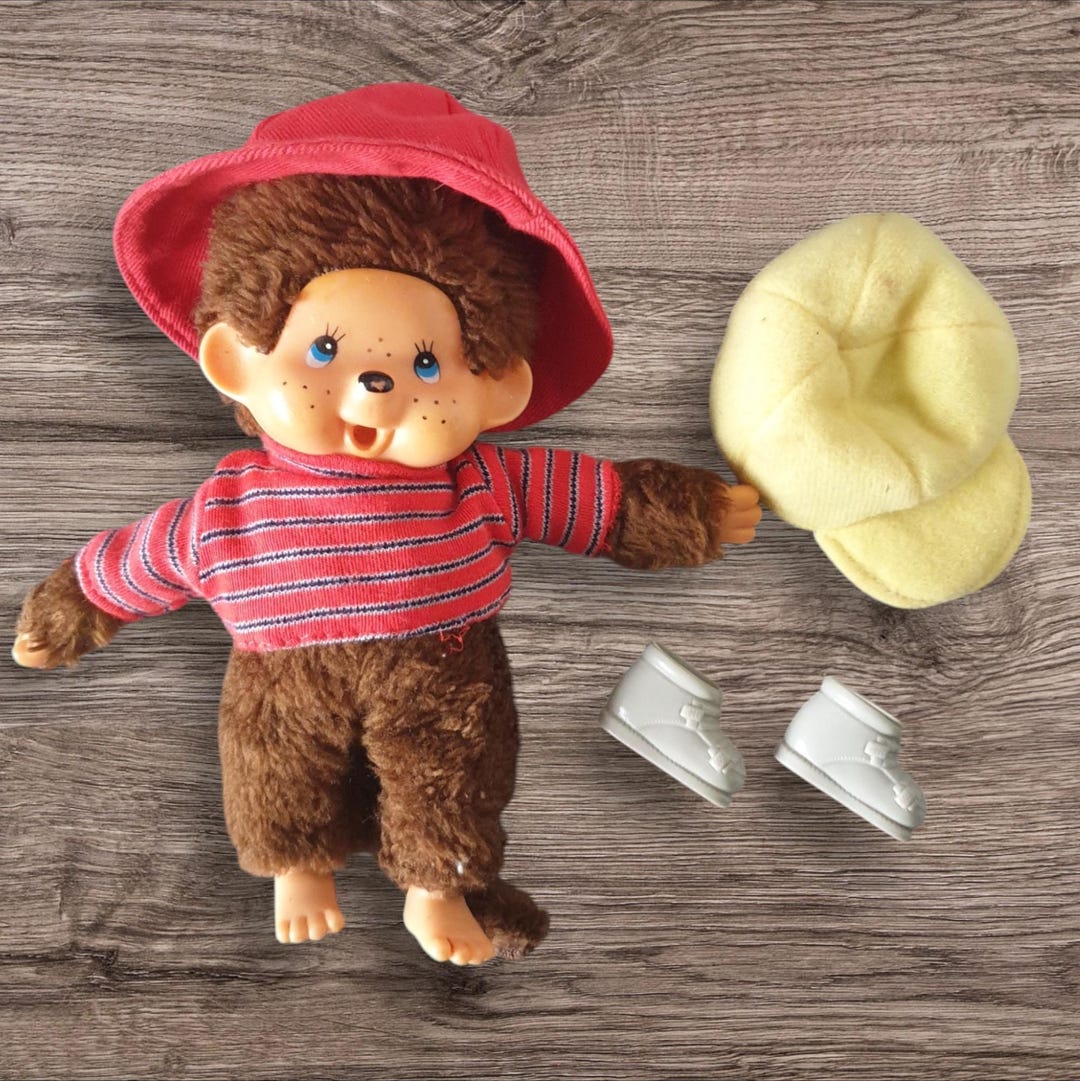 Vintage Monchhichi Plush Monkey Dressed Red Striped Shirt Red and ...