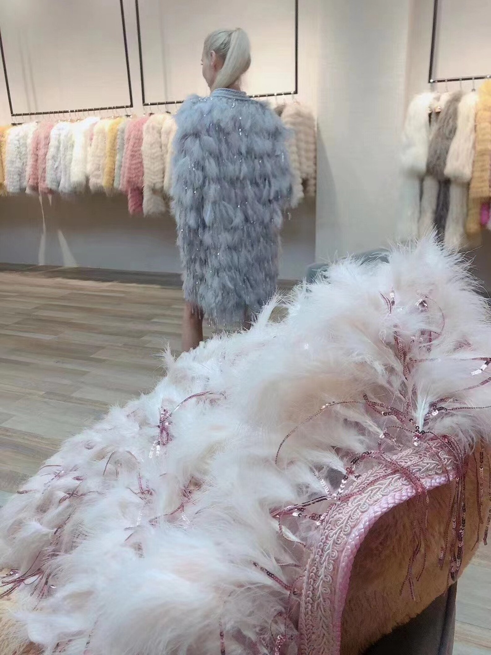 Luxury Premium Grey Feather Wedding Dress Lace Fabric Fancy Haute ...