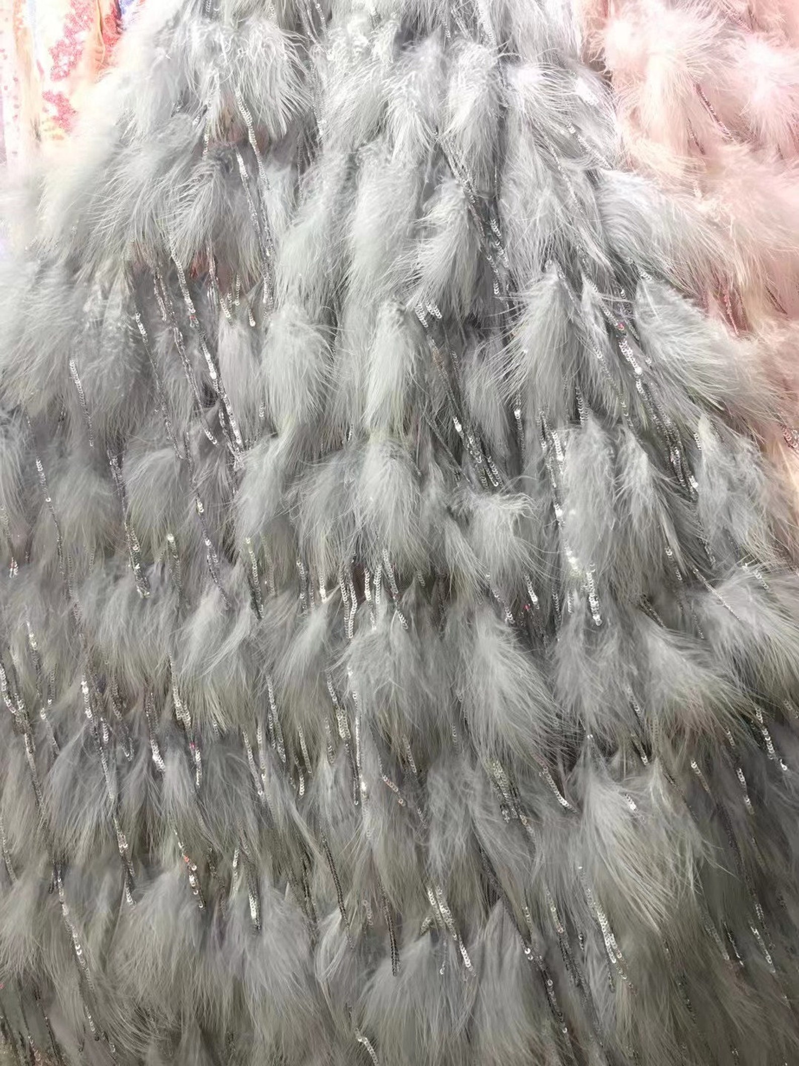 Luxury Premium Grey Feather Wedding Dress Lace Fabric Fancy Haute ...