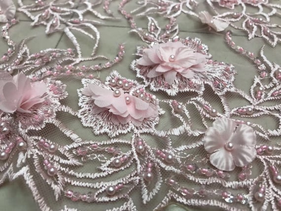 Baby Pink heavy bead lace fabric with 3d flower pink 3D lace fabric with HAND WORK lace fabric