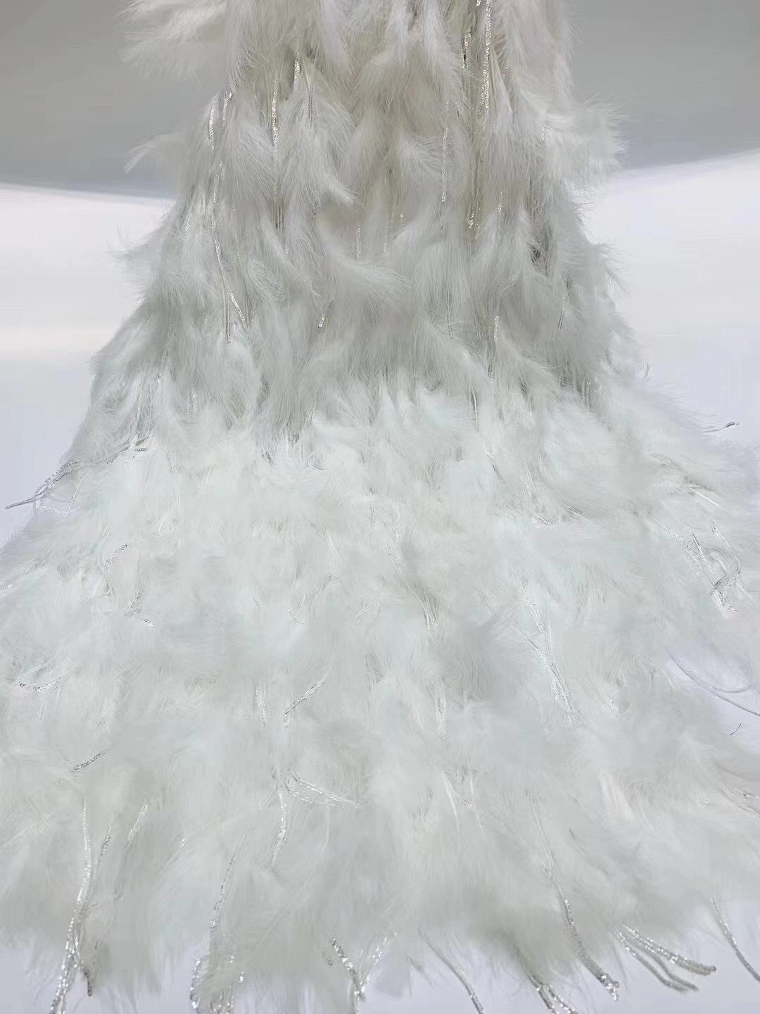 Luxury Premium Grey Feather Wedding Dress Lace Fabric Fancy Haute ...