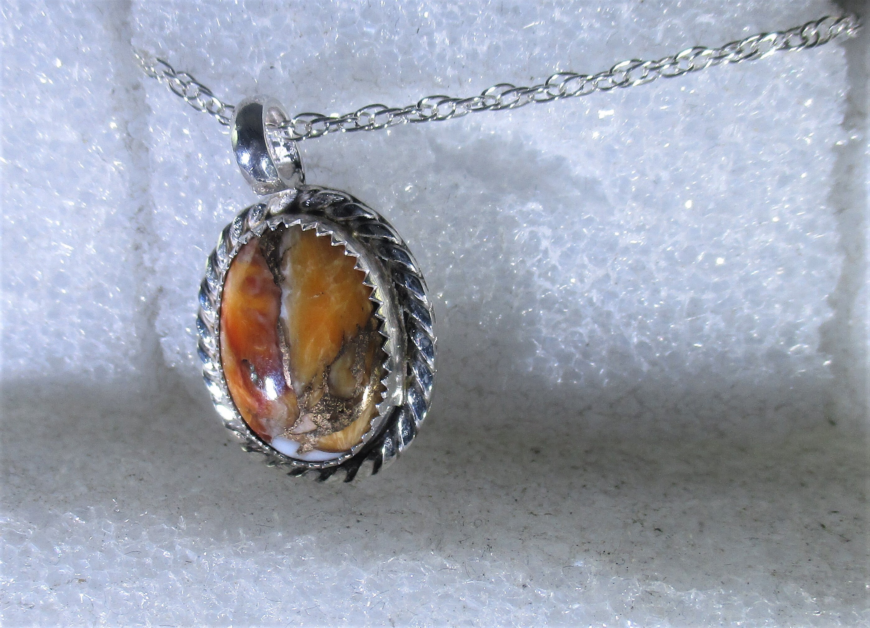 Vivid orange Oyster shell Sterling silver handmade pendant necklace
