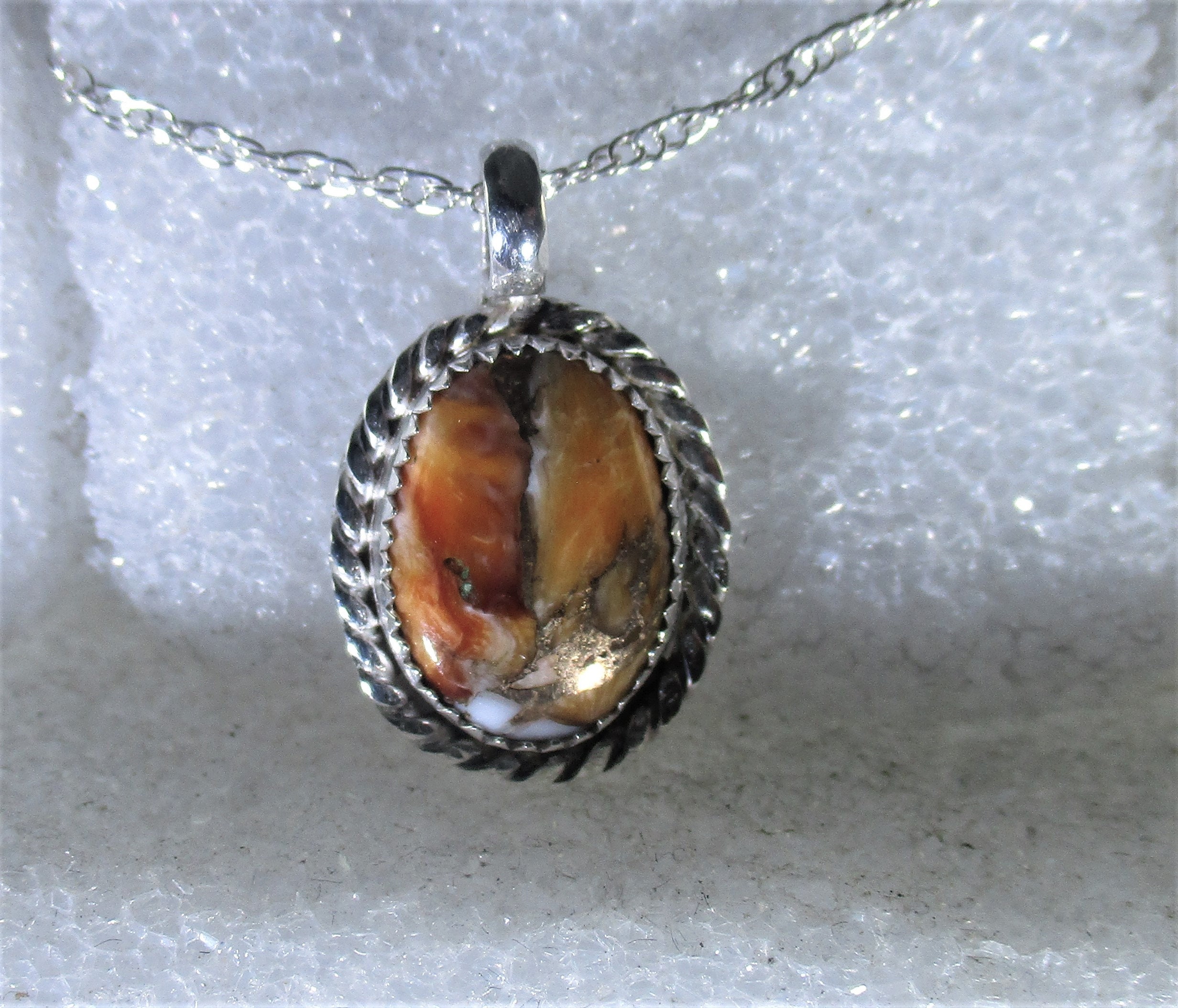 Vivid orange Oyster shell Sterling silver handmade pendant necklace