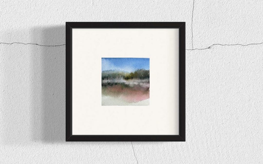Small Original Abstract Watercolor Landscape, Square 4x4” Pink and Blue ...