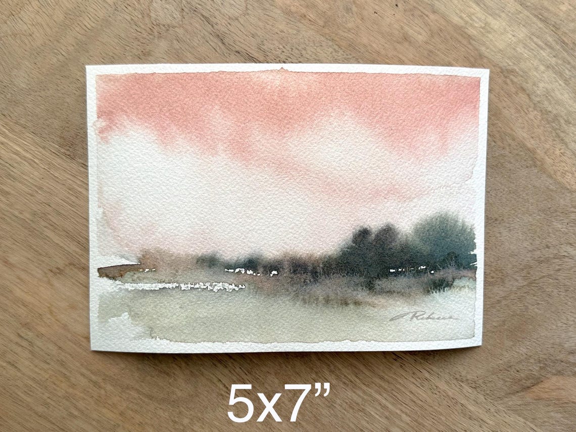 Small 5x7” Original Abstract Landscape Painting, Modern Moody Loose ...