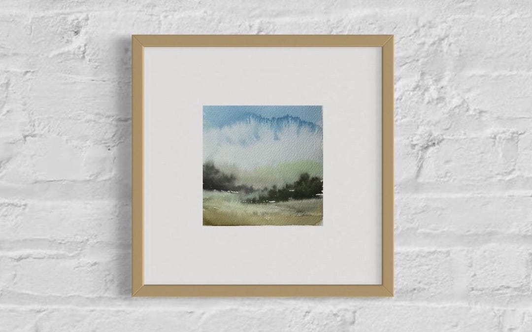Small Abstract Original Watercolor Painting, 5x5” Green Blue Sky Art ...