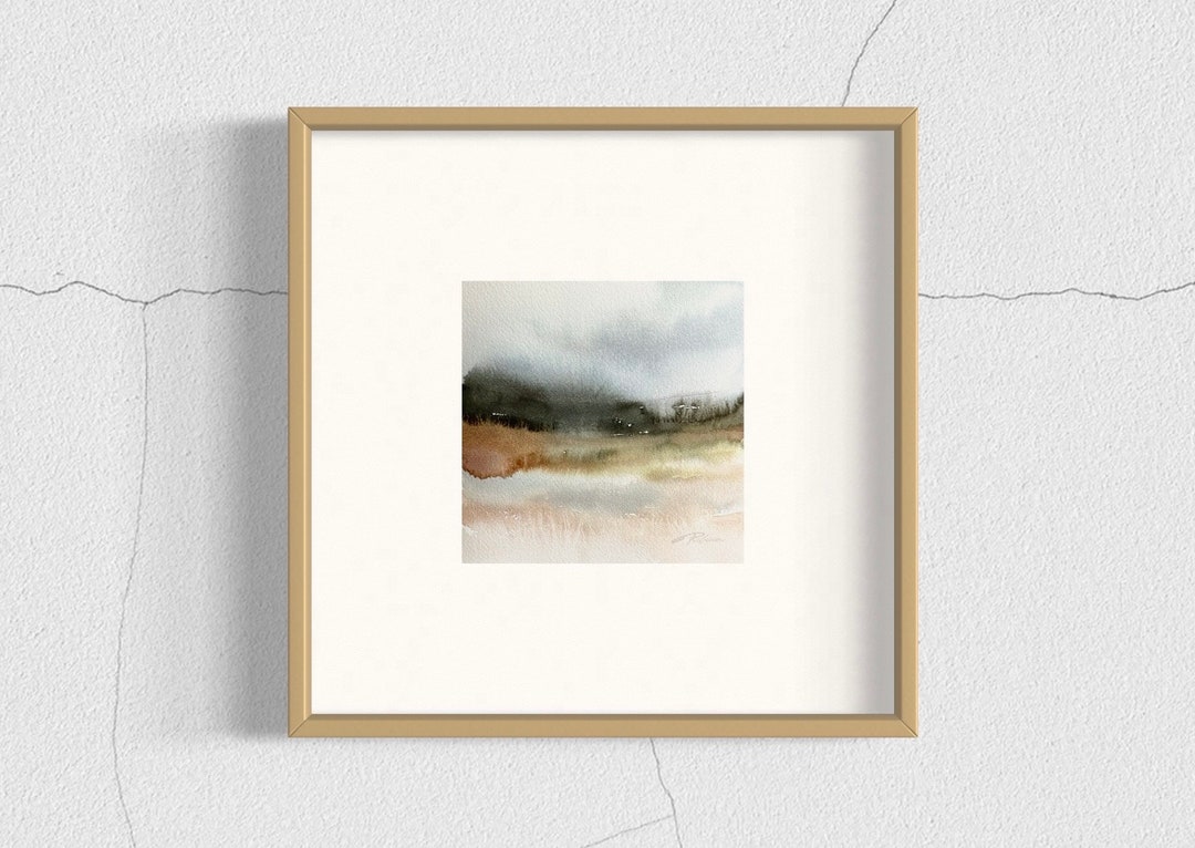 Small 7x7” Original Abstract Watercolor Landscape Painting, Neutral ...