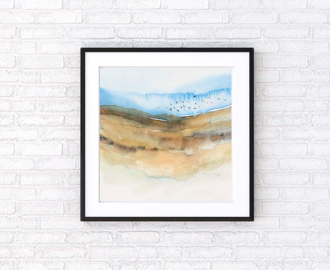 Original 9x9" Abstract Landscape, Watercolor Scenery Painting, Birds in ...