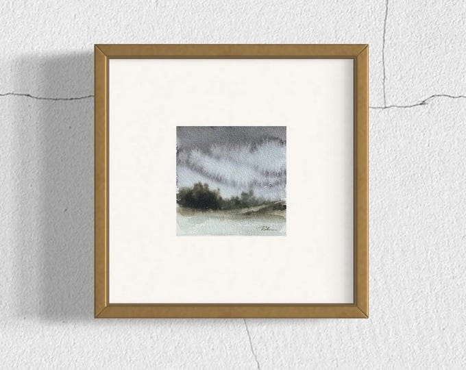 Small 4x4” Original Abstract Watercolor Landscape, Small Square Moody ...